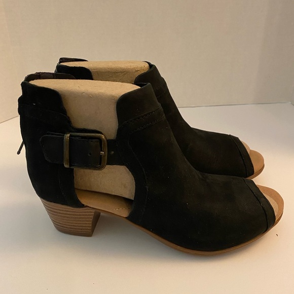 Clarks | Shoes | Clarks Open Toe Suede Black Bootie 6 | Poshmark